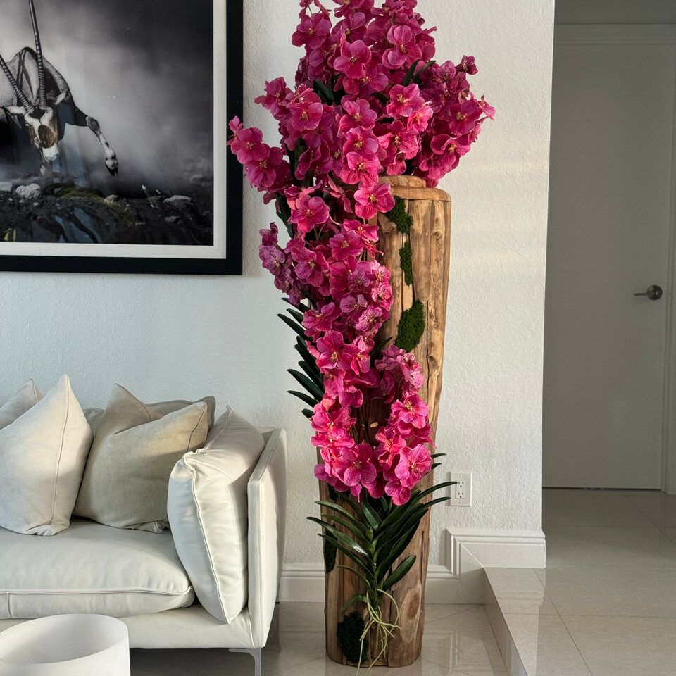 Large Teak Wood Vase with Natural Edges and Pink Vanda Orchids ...