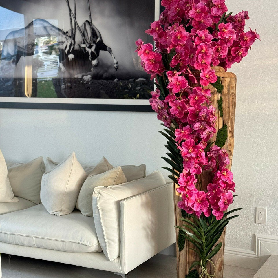 Large Teak Wood Vase with Natural Edges and Pink Vanda Orchids ...