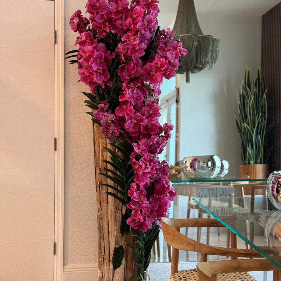 Large Teak Wood Vase with Natural Edges and Pink Vanda Orchids ...